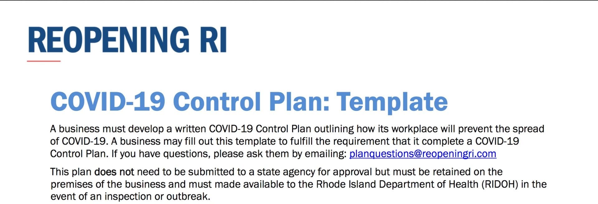 Businesses: Reopening RI - Control Plan is due May 18.